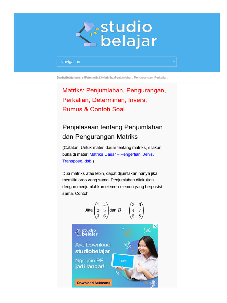 WWW Studiobelajar Com Matriks Penjumlahan Pengurangan Perkalian ...