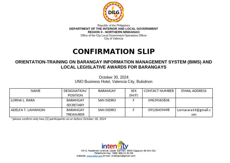 Confirmation Slip BIMS and LLA For Barangays (1) Final | PDF