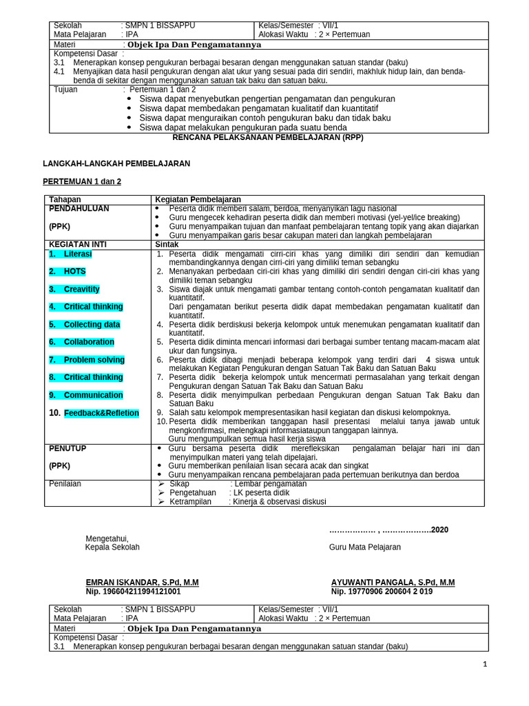 RPP IPA KELAS 7, 2020 | PDF