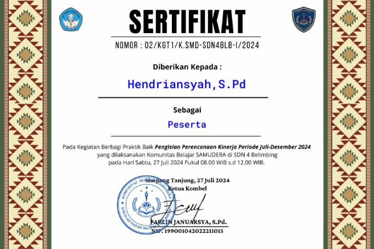 Sertifikat Hendriansyah,S.pd | PDF