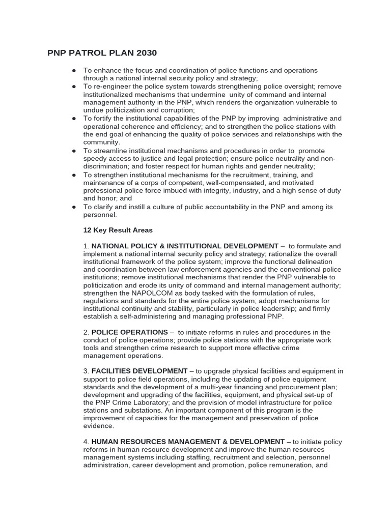 PNP Patrol Plan 2030: 12 Key Result Areas National Policy ...