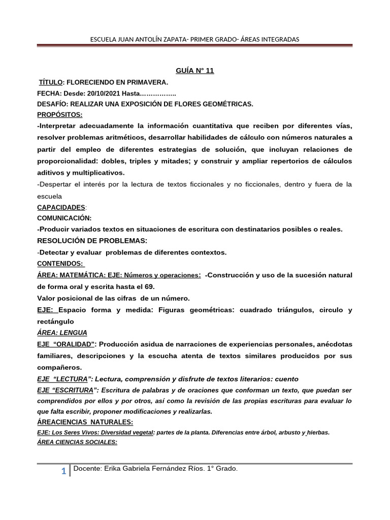 1°-Guía 11 Ciencias Naturales, Lengua, Matemática y Sociales | PDF