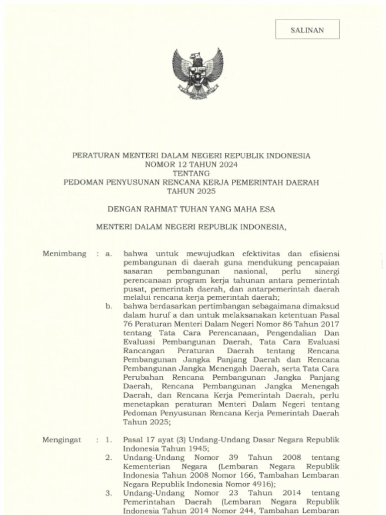 Permendagri No. 12 Tahun 2024 Tentang Pedoman Penyusunan Renja PD 2025 | PDF