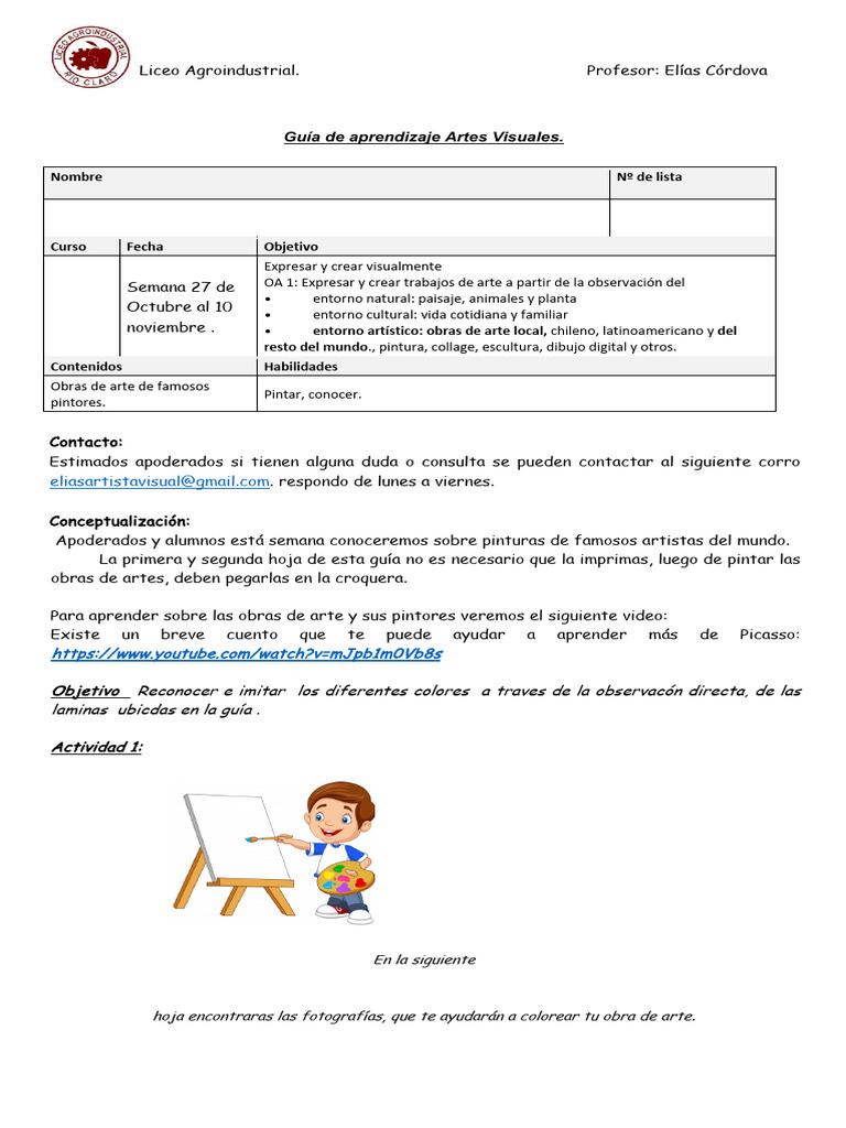 GUIA DE ARTES 3º - 4º BÁSICO Liceo | PDF | Pinturas | Pablo Picasso