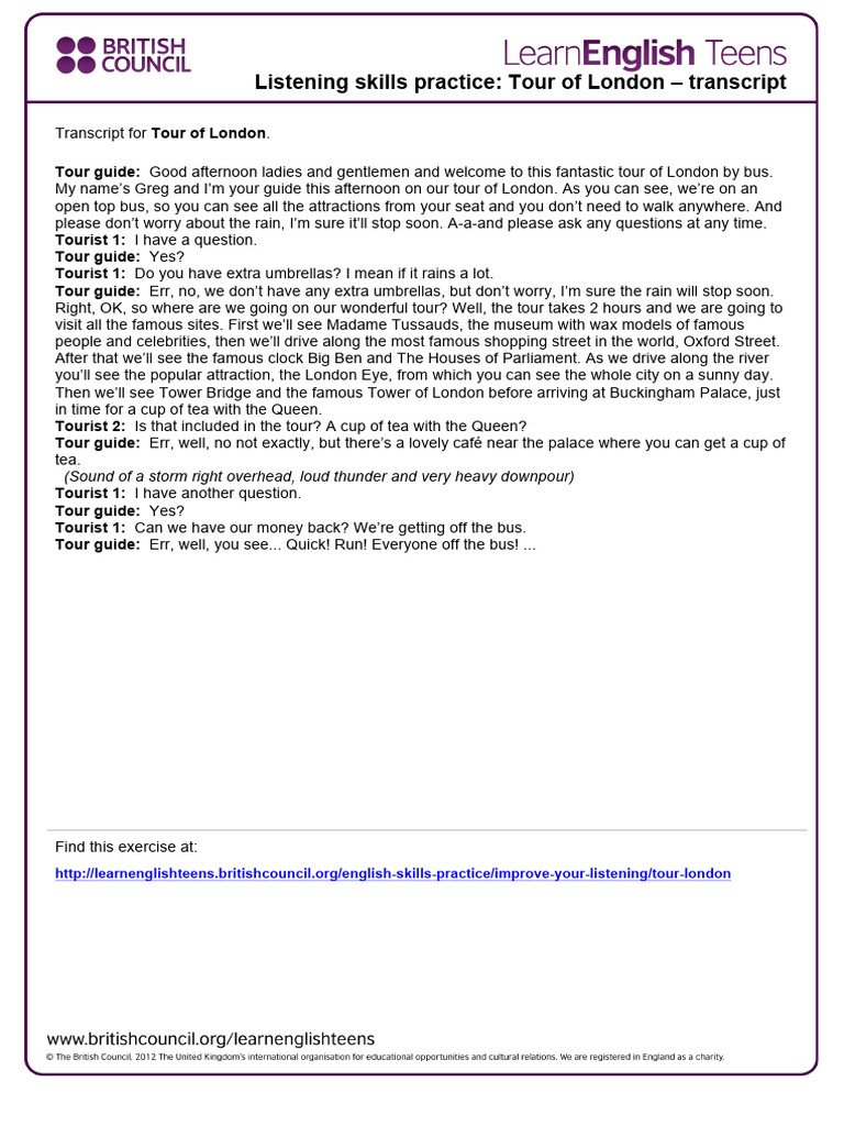 Listening Skills Practice: Tour of London - Transcript | PDF