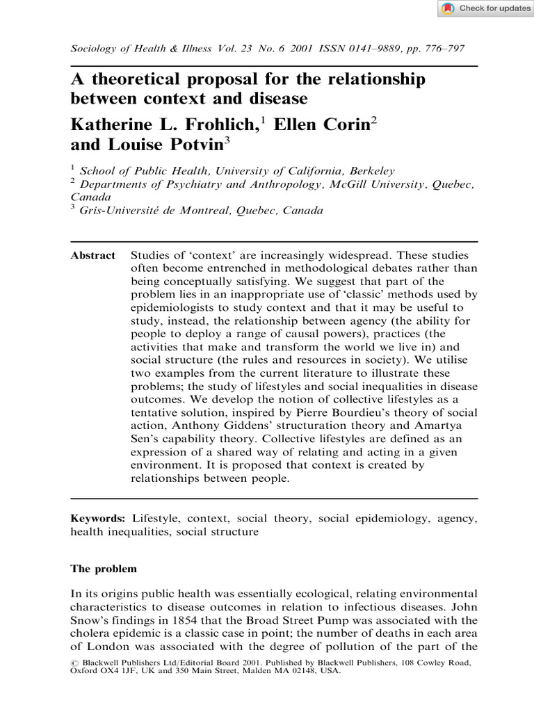 Sociology Health Illness - 2002 - Frohlich - A Theoretical Proposal For The Relationship Between ...