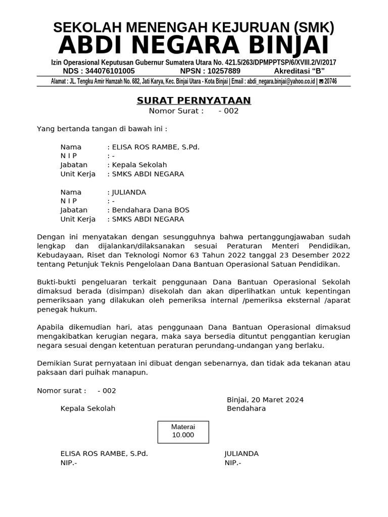 Surat Pernyataan Kepsek 2024 | PDF