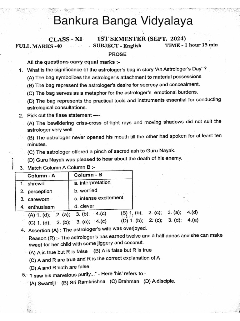 1st Semester English Question Paper (B.B.v. - XI) | PDF