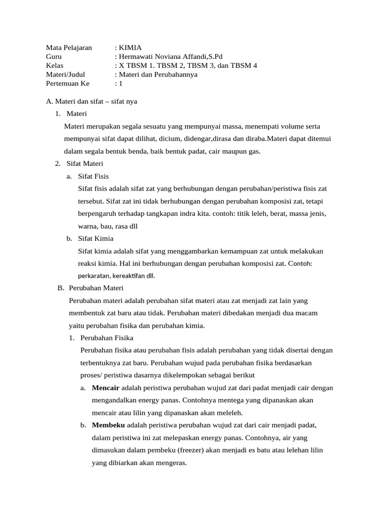 P1 - KIMIA - X TBSM 1, X TBSM 2, X TBSM 3, X TBSM 4 - Hermawati Noviana Affandi, S.PD | PDF