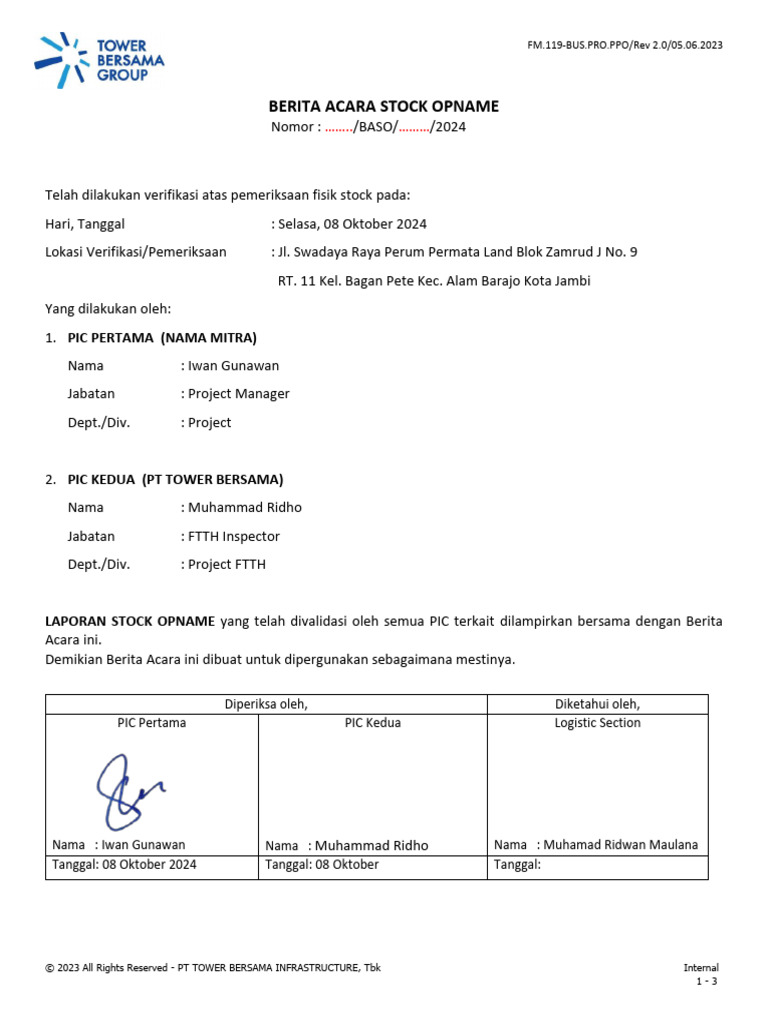 Berita Acara Stok Opname FTTH | PDF