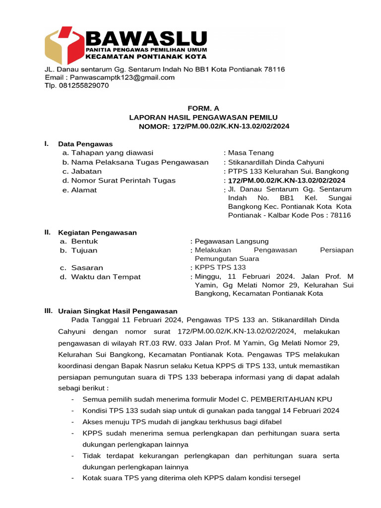 Simulasi Form A Pengawasan Persiapan Pemungutan Suara | PDF