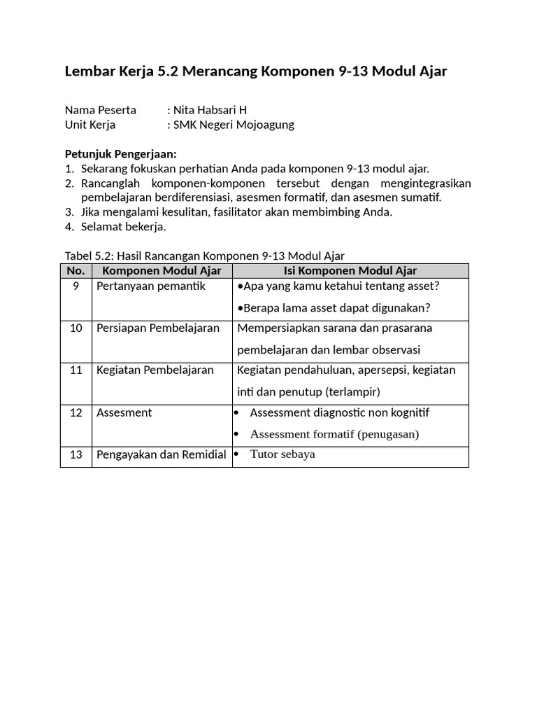 Lembar Kerja 5.2 Merancang Komponen 9-13 Modul Ajar New | PDF