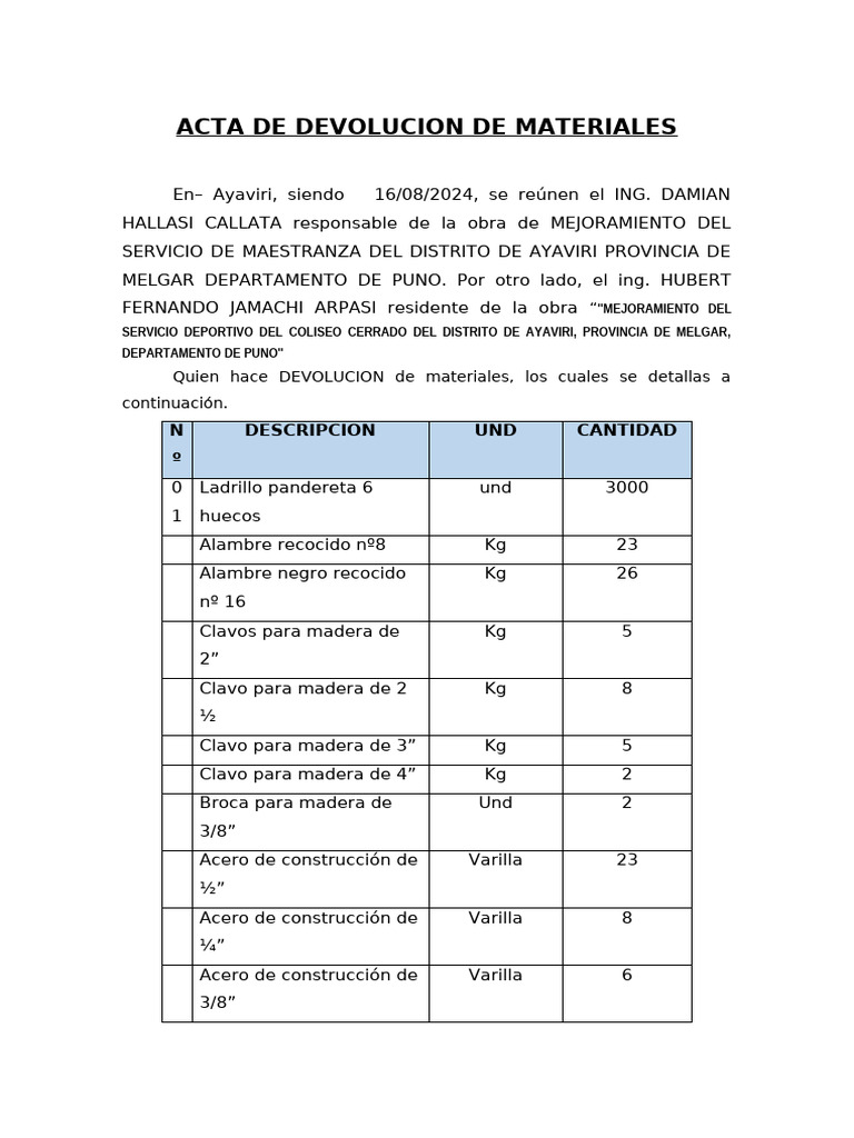 Acta - Devolucion de Materiales - Damian 10-07-24 | PDF