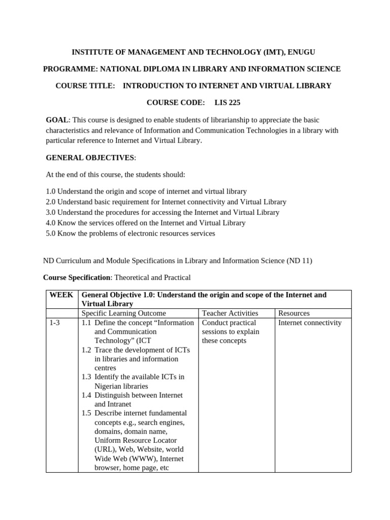 IMT LIS 255 Course Outline. Introduction To Internet and Virtual ...