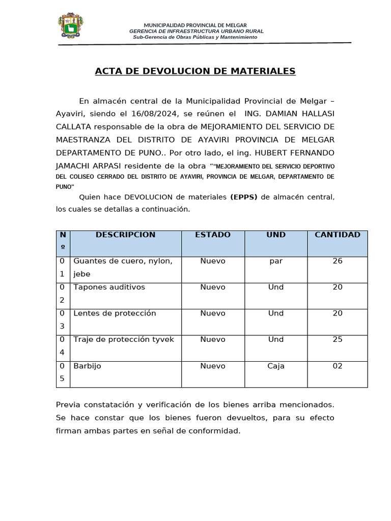 Acta - Devolcuvion de Materiales EPPS - Ficticia | PDF