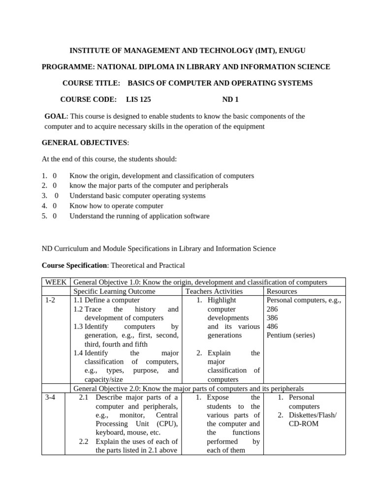 IMT LIS 125 Course Outline. Basic Computer Operating System | PDF | Computer File | Operating System