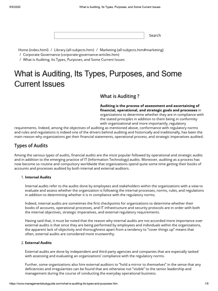 What Is Auditing, Its Types, Purposes, and Some Current Issues | PDF