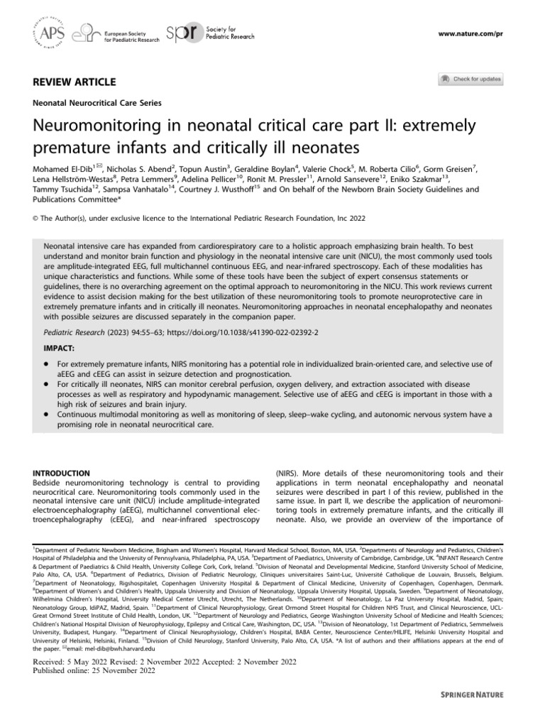 Neuromonitoring in Neonatal Critical Care Part II: Extremely Premature ...