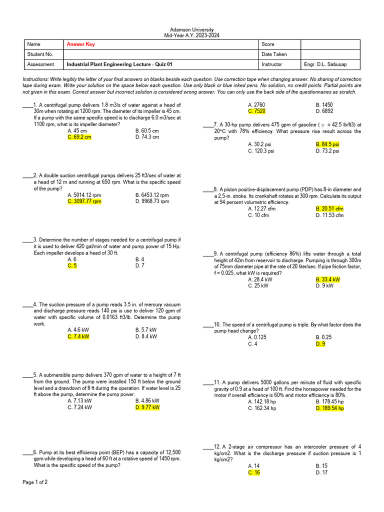 Quiz 01 - Answer Key | PDF