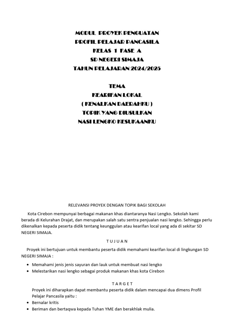 Modul Projek P5 Kelas 1 | PDF