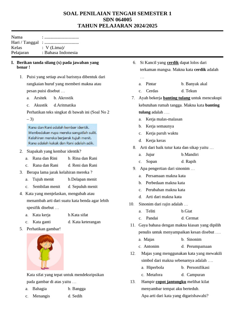 Soal Mid PTS Kelas 5 Ganjil 2024 Bahasa Indonesia | PDF