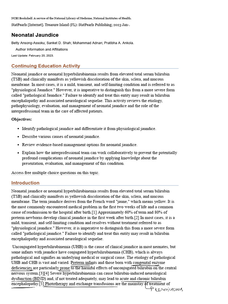 Neonatal Jaundice - StatPearls - NCBI Bookshelf | PDF