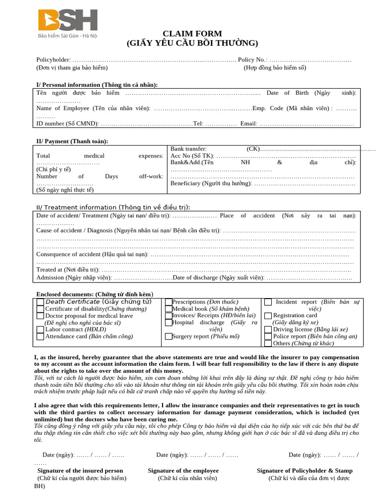Claim form Giay yeu cau boi thuong- mẫu | PDF