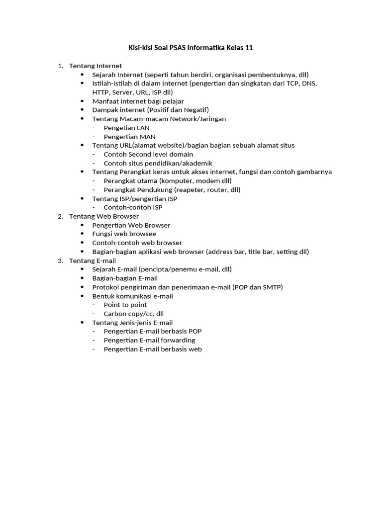 Kisi Kisi Soal PAS Informatika Kelas 11 | PDF