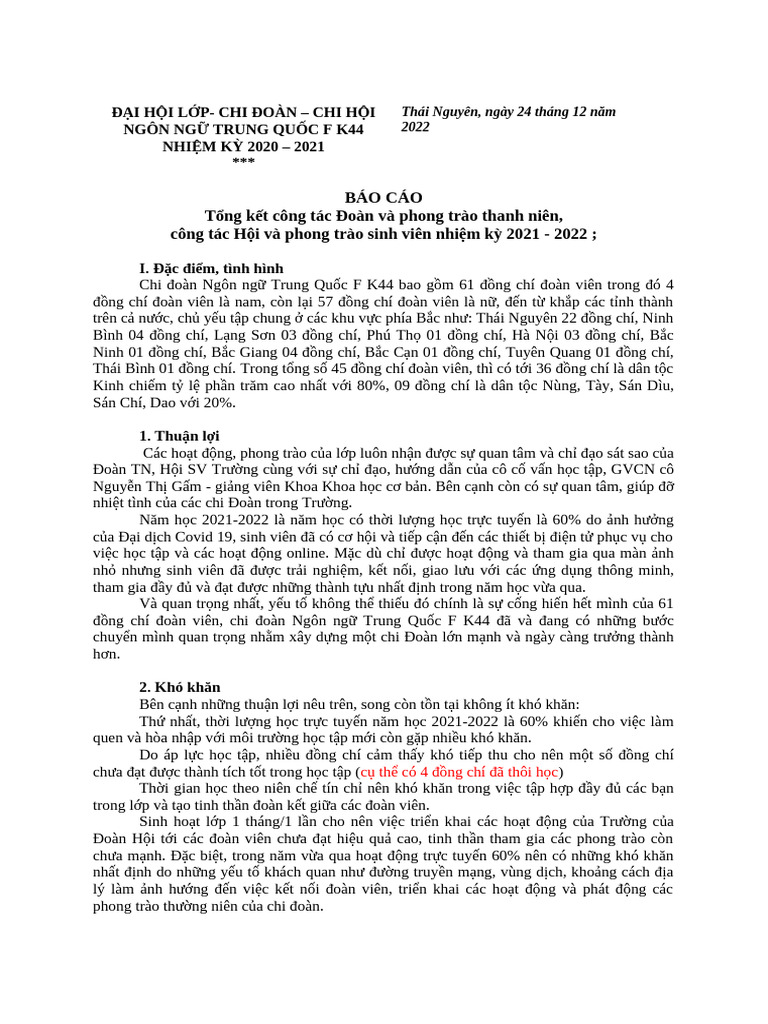 7 Báo cáo tổng kết 2021-2022 NNT F K44 | PDF