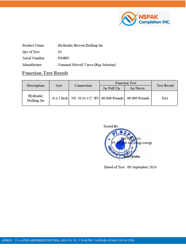 Function Test Bowen Hydraulic Drilling Jar 6,5 Inch NC 50 Connection | PDF