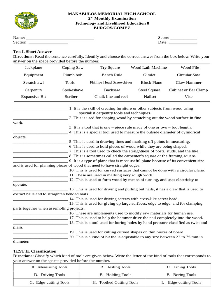 2nd Monthly Examination - TLE 8 | PDF