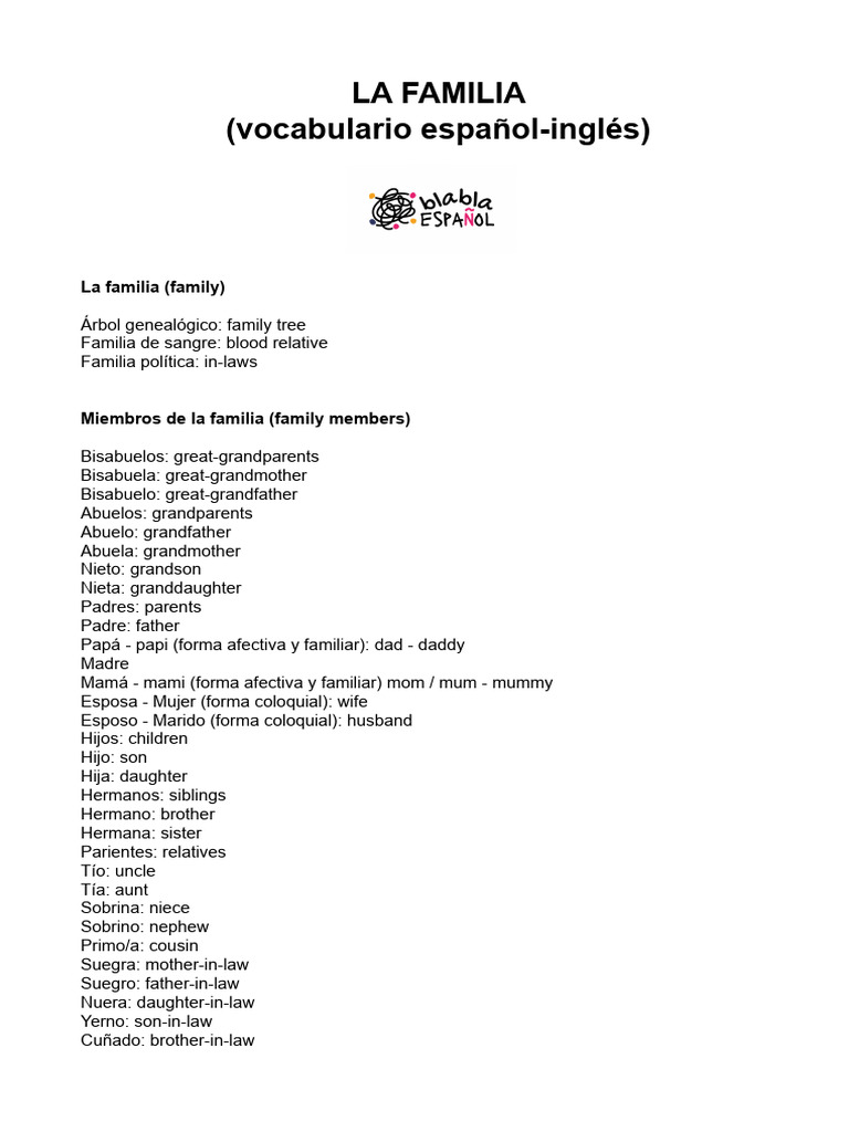 Vocabulario en PDF Familia | PDF