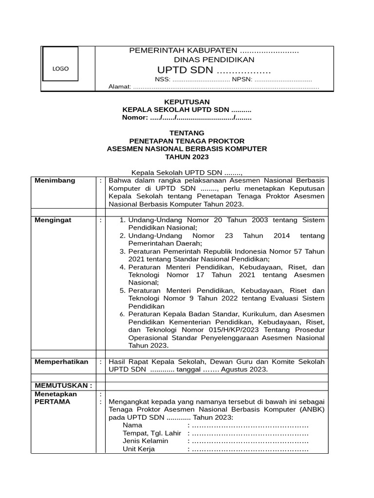 Contoh SK Proktor ANBK 2024 | PDF