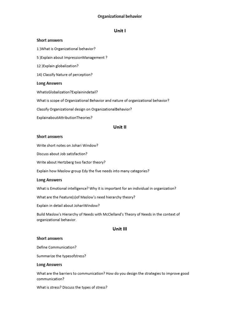 Organizational Behavior Imp Ques | PDF