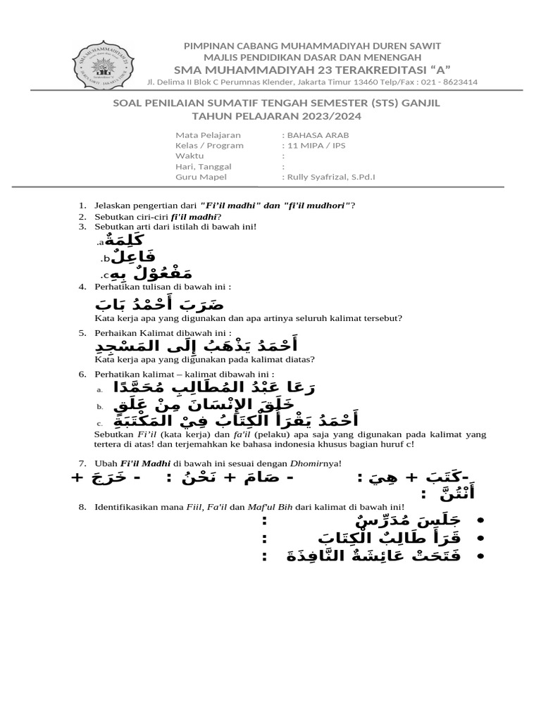 SOAL STS - Bahasa Arab 11 | PDF