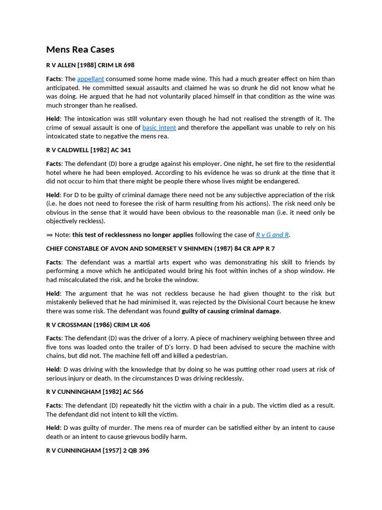 Mens Rea Cases | PDF