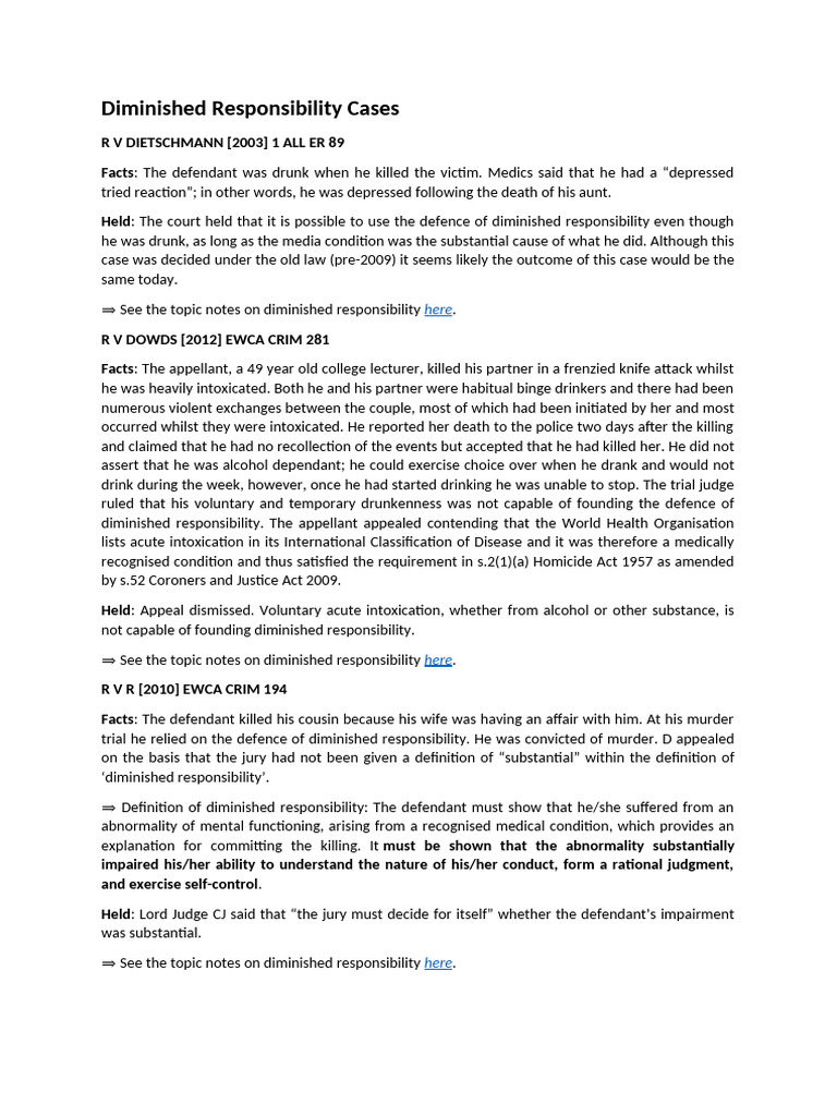 Diminished Responsibility Cases | PDF