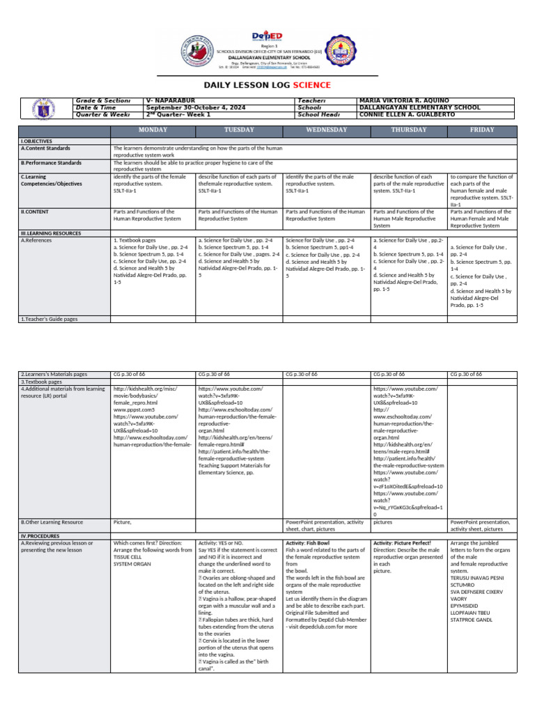 DLL - Science 5 - Q2 - W1 | PDF