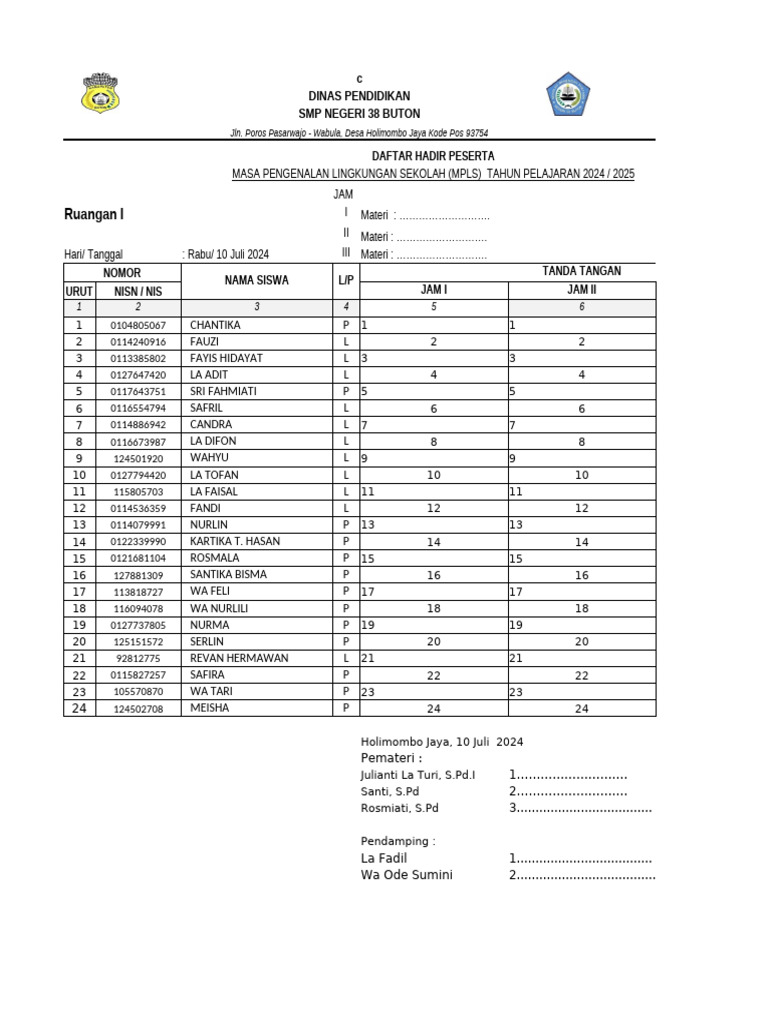 Daftar Hadir Mpls 2024-2025 | PDF
