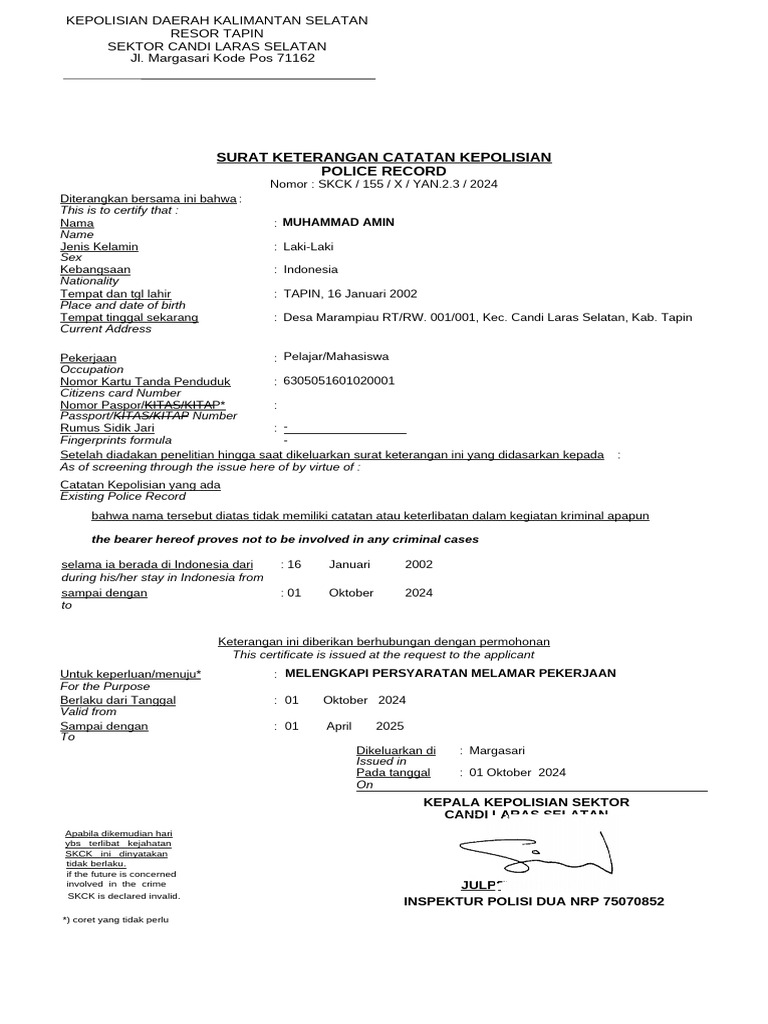 Surat Keterangan Catatan Kepolisian Police Record: Muhammad Amin | PDF
