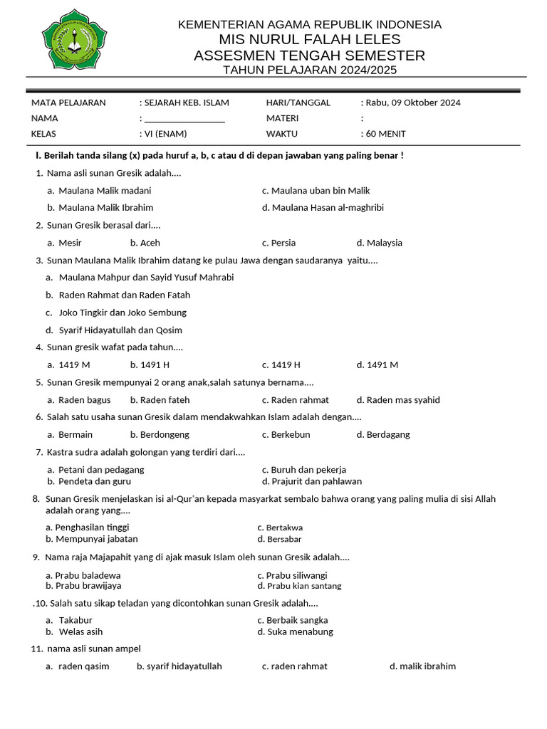 PTS GANJIL KELAS 6 SKI - Salin | PDF