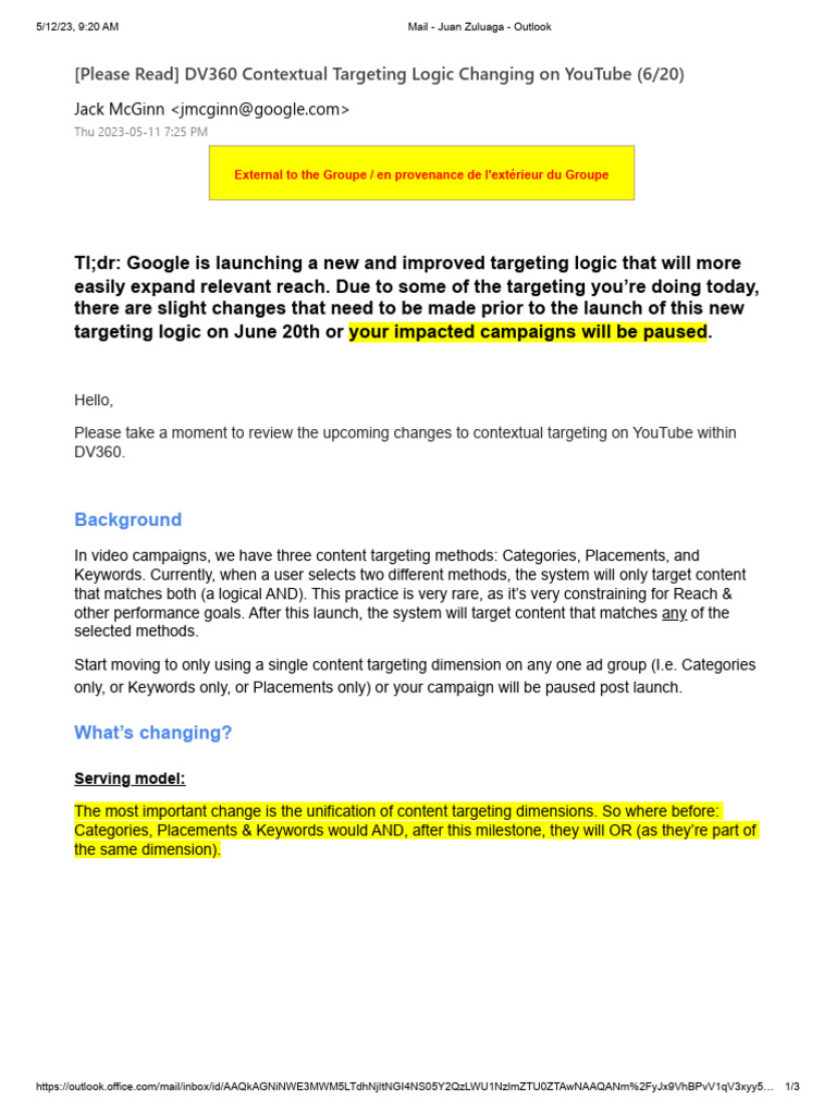 DV360 Contextual Targeting Change Effective 6-20 | PDF