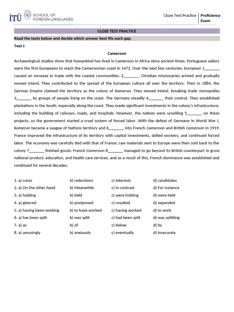 Cloze Test Practice 1 | PDF