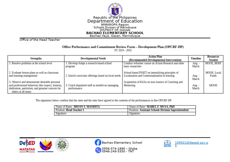 Department of Education: Office Performance and Commitment Review Form ...