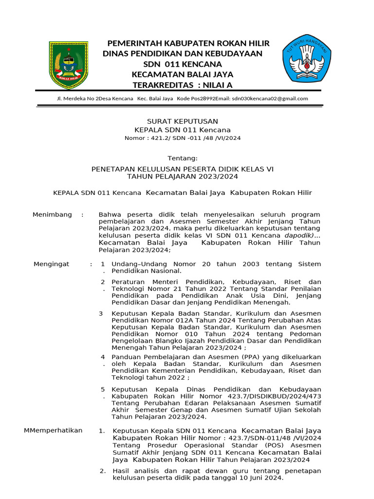 Surat Keputusan Kelulusan SD 011 Kencana | PDF