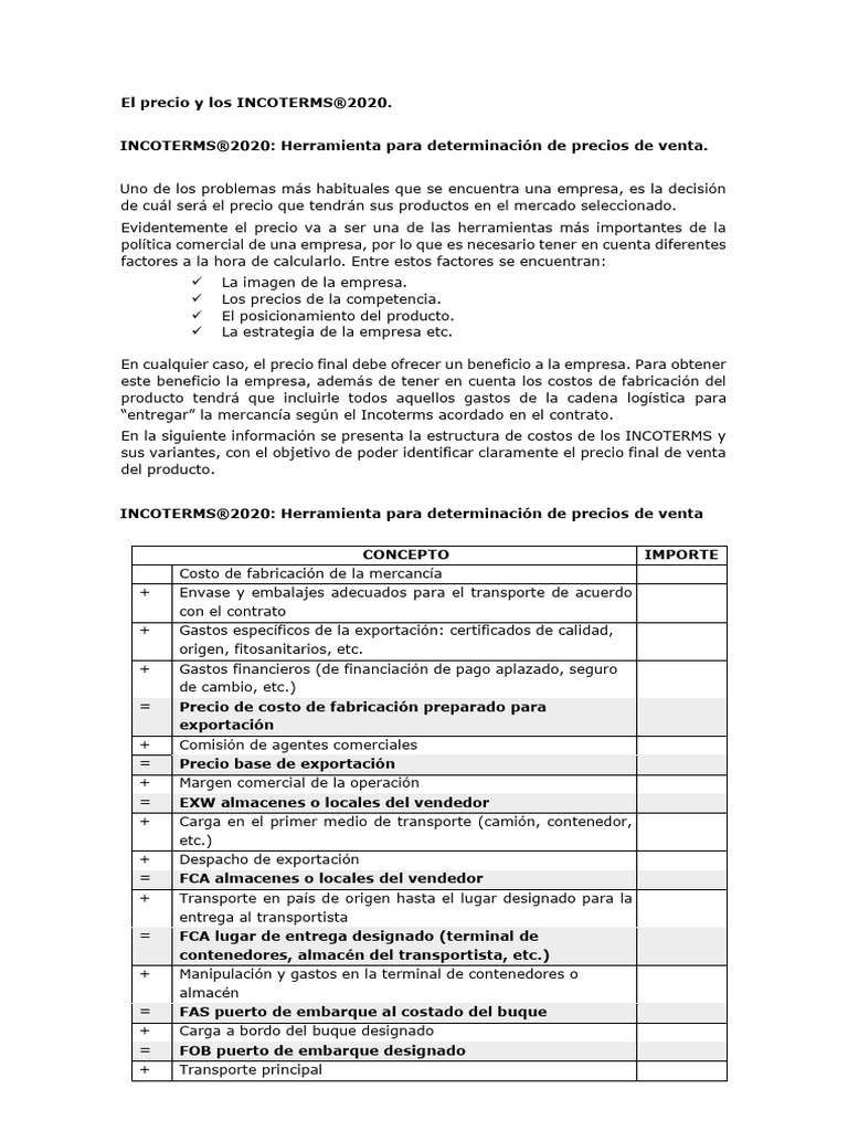 Material Complementario Tema 1 El Precio y Los INCOTERMS®2020 | PDF