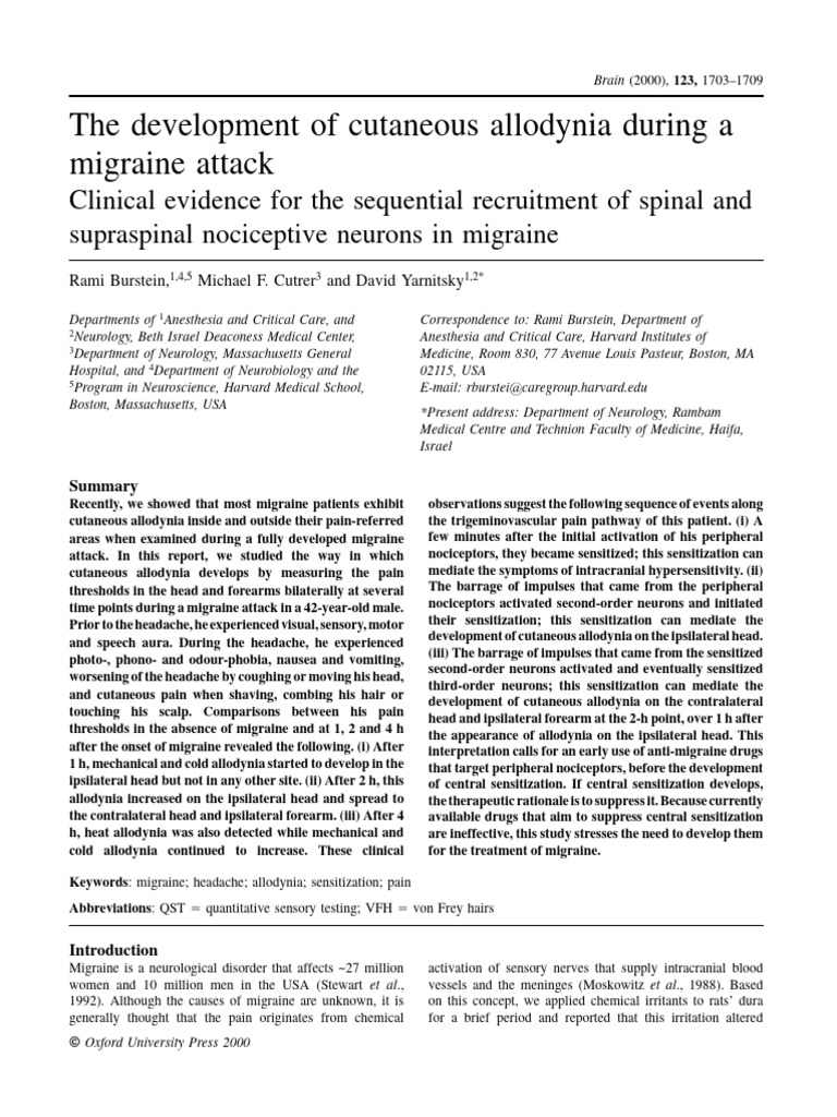 The Development of Cutaneous Allodynia During A Migraine Attack | PDF