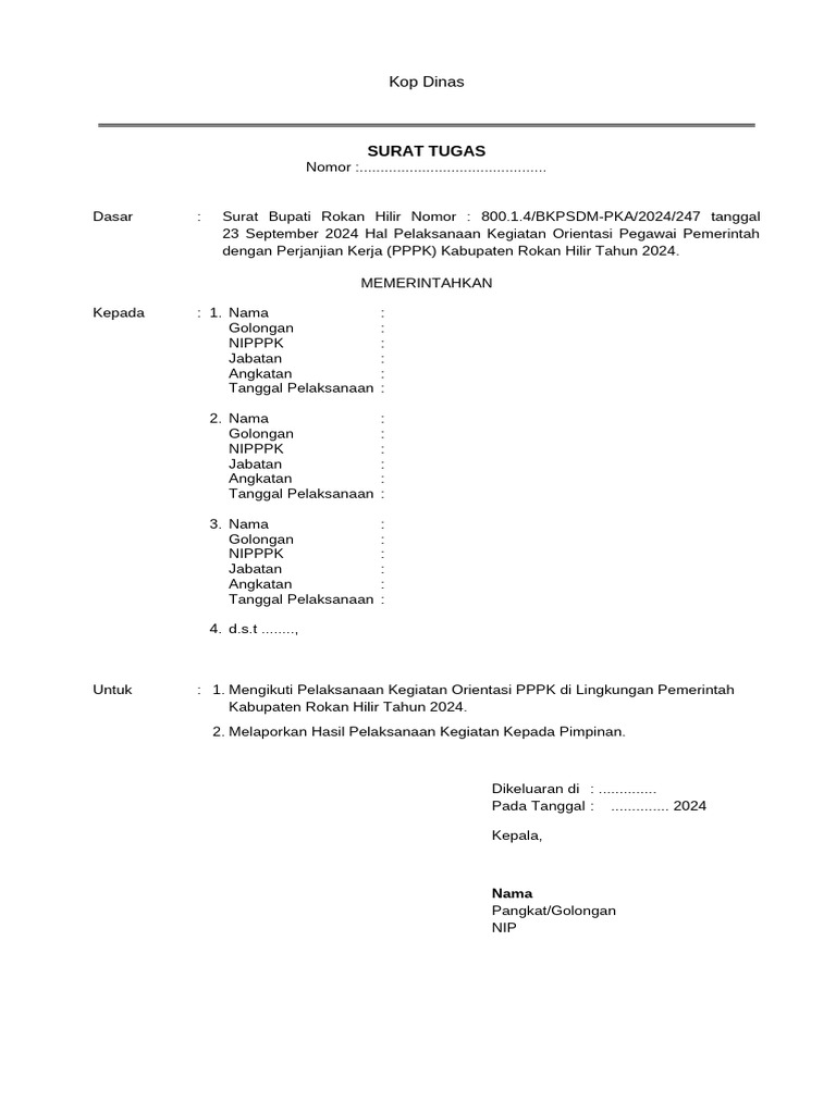 Format Surat Tugas Orientasi PPPK 2024 | PDF