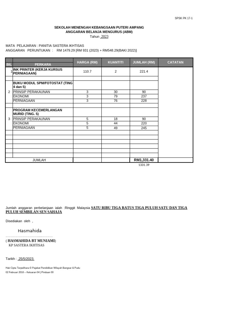 Anggaran Belanjawan Panitia | PDF