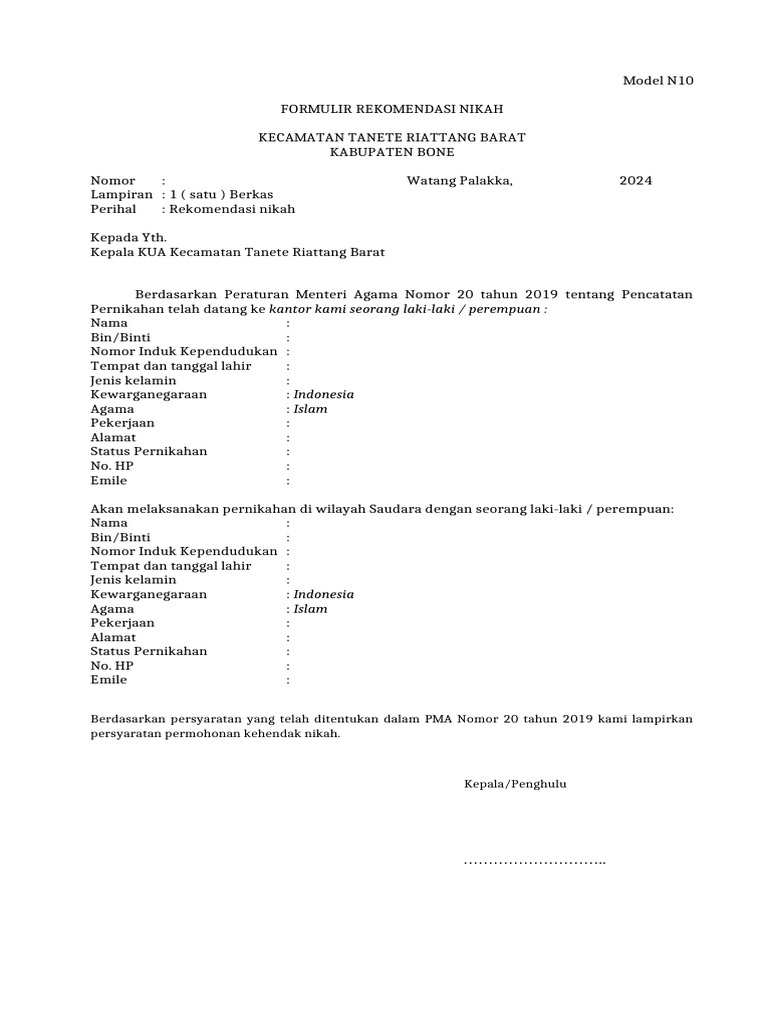 Formulir Surat Rekomendasi (N10) | PDF